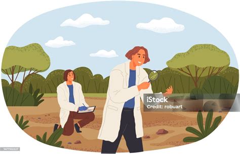 자연을 탐험하고 메모를 하는 여자 탐험가 작품 연구원이 자연을 분석합니다 강에 대한 스톡 벡터 아트 및 기타 이미지 강 강둑 개체 그룹 Istock