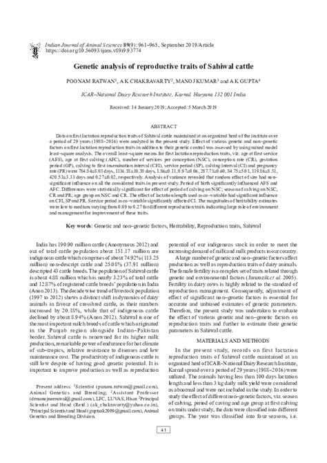 Pdf Genetic Analysis Of Reproductive Traits Of Sahiwal Cattle
