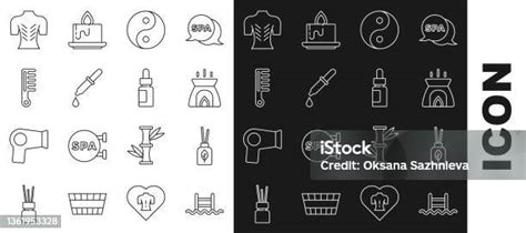 사다리 아로마 디퓨저 양초 음양 파이펫 헤어 브러시 마사지 및 에센셜 오일 병 아이콘이있는 세트 라인 수영장 벡터 건강 진단에 대한 스톡 벡터 아트 및 기타 이미지 Istock