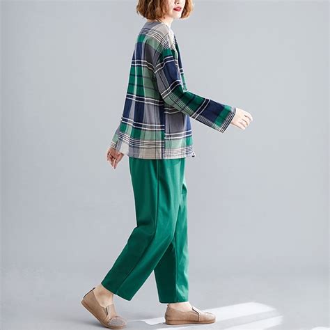 대형 여성 투피스 느슨하고 얇은 무 바지 서양식 정장 색상 녹색 크기 L