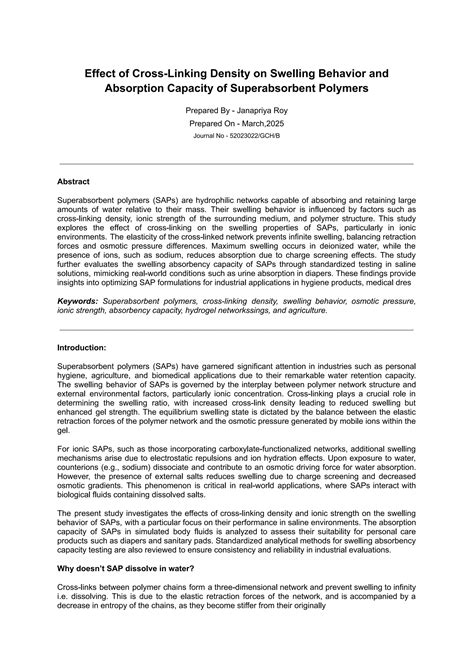 Effect Of Cross Linking Density On Swelling Behavior And Absorption Capacity Of Superabsorbent