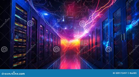 Futuristic Data Center With Dynamic Energy Streams Flowing Showcasing