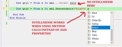 Vb Pretty Listing And Intellisense Break When Typing Below A Line That Uses Xml Axis Properties