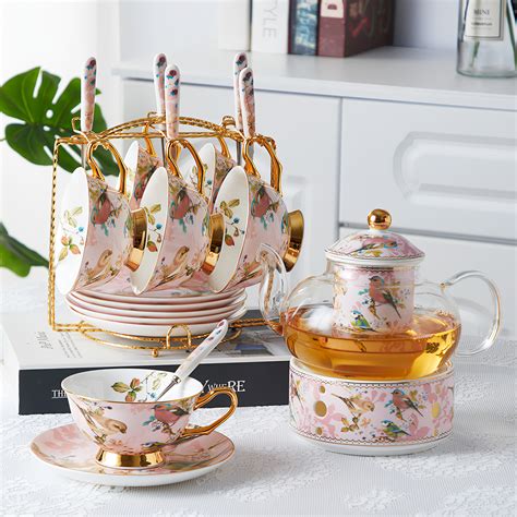 Pink Bird British Tea Set Bone China With Warmer