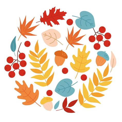 Autumn Leaves Set Acorns And Rowan Simple Cartoon Flat Style Autumn