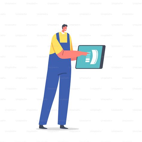 자동차 정비 또는 수리 서비스 자동차 수리를 위한 장치를 들고 있는 파란색 작업복을 입은 정비공 캐릭터 자동 점검을 위한