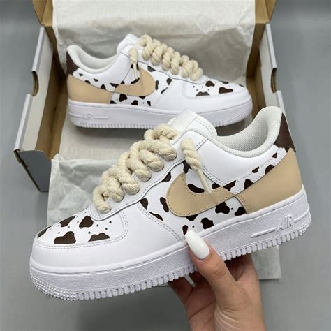Custom Af 1s Shoes Cow Print Beige Brown Thick Shoelaces Insdrip