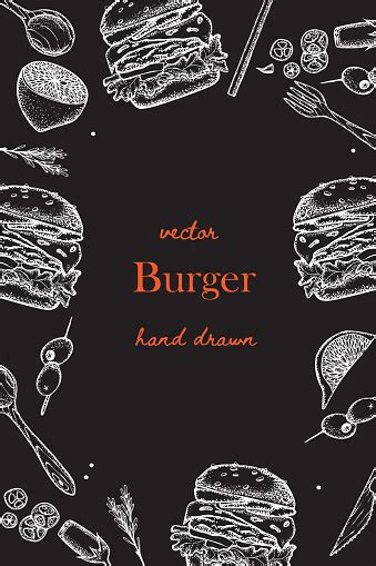 손으로 그린 패스트 푸드 세트입니다 피자 햄버거 타코 햄버거 도넛 핫도그 감자 튀김 배너 표지판에 대한 스톡 벡터 아트 및 기타