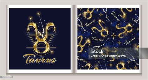 패턴 조디악 표지판 황소 자리의 금색 아이콘 별자리 세 번째 눈 텍스트 지구 요소의 연금술 상징으로 삼각형이있는 레이블 별자리