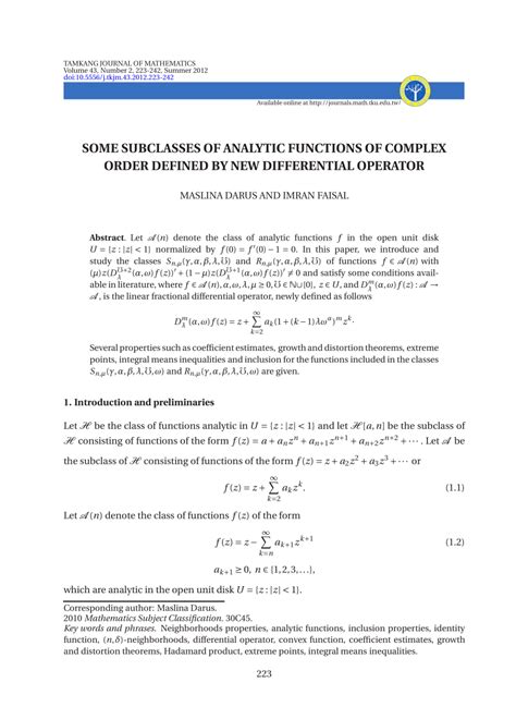 Pdf Some Subclasses Of Analytic Functions Of Complex Order Defined By New Differential Operator