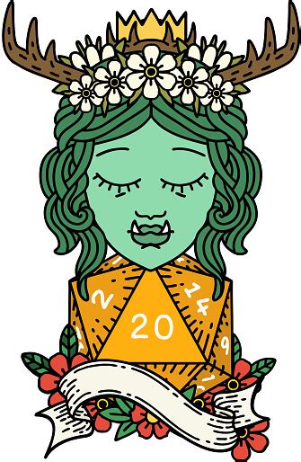 복고풍 문신 스타일 오크 드루이드 캐릭터와 자연 20 주사위 롤 굴리기에 대한 스톡 벡터 아트 및 기타 이미지 굴리기