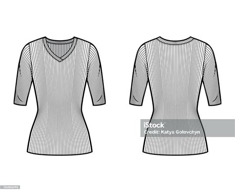 리브드 V넥 니트 스웨터 테크니컬 패션 일러스트와 팔꿈치 소매 밀착 모양 튜닉 길이 0명에 대한 스톡 벡터 아트 및 기타 이미지 0명 검은색 겨울 Istock