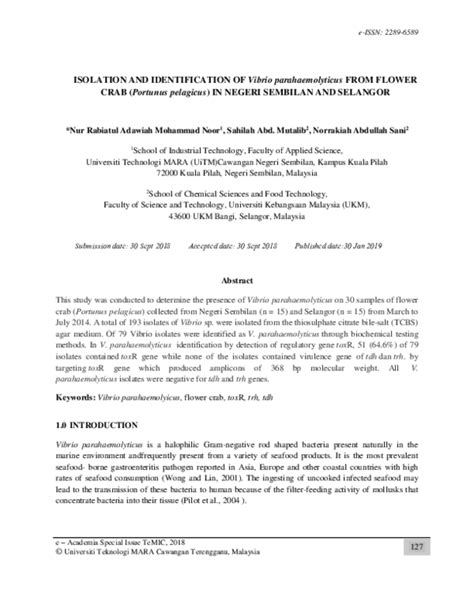 Pdf Isolation And Identification Of Vibrio Parahaemolyticus From Flower Crab Portunus