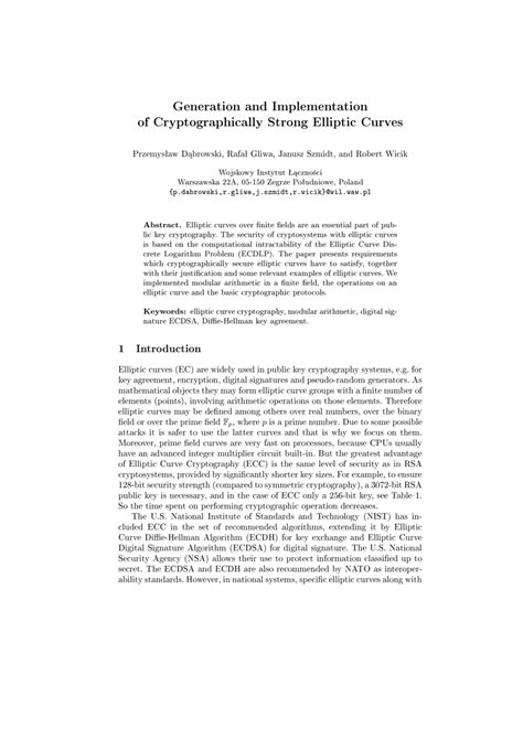 Pdf Generation And Implementation Of Cryptographically Strong Elliptic Curves
