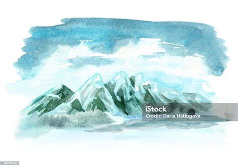 눈 덮인 산과 풍경입니다 흰색 배경에 격리 된 수채화 손으로 그린 그림 경관에 대한 스톡 벡터 아트 및 기타 이미지 경관