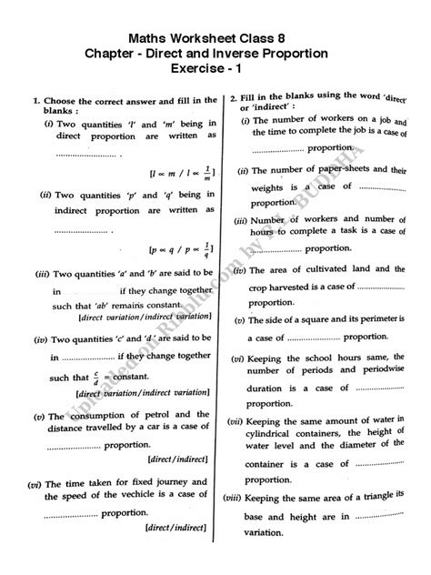 Class 8 Maths Worksheet 1 Direct And Inverse Proportion Pdf Class 8 Maths Worksheet 1 Direct And Inverse Proportion Pdf