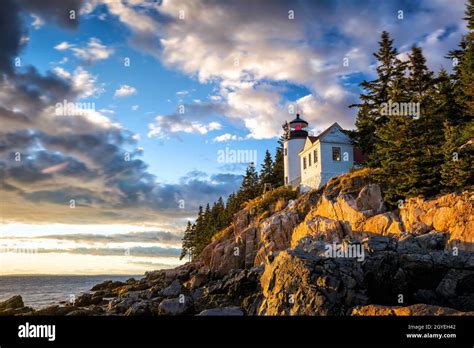 Bass Harbor Lighthouse At Sunset Acadia National Park Maine Usa Stock