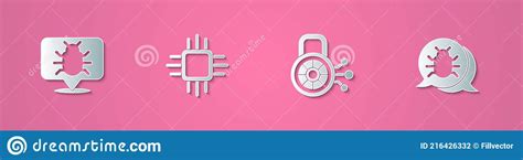 Set Paper Cut System Bug Processor With Microcircuits Cpu Cyber Security And Icon Paper Art