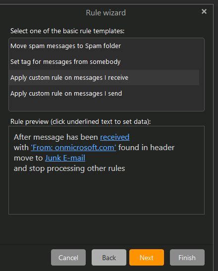 rule that looks for sender with in the domain mail em client