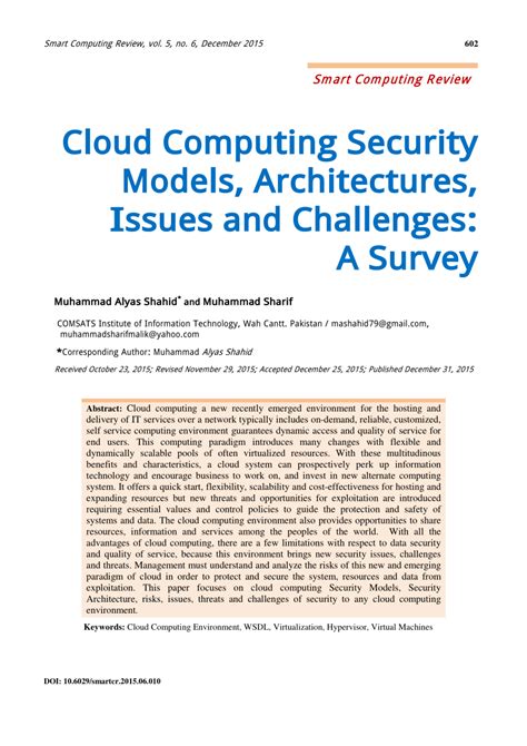 Pdf Cloud Computing Security Models Architectures Issues And Challenges A Survey