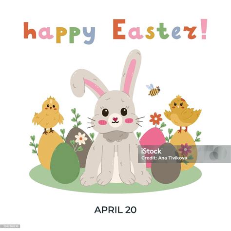 사랑스러운 만화 부활절 엽서 그림 잔디밭에서 부활절 달걀에 귀를 구부리고 웃는 토끼 병아리 꿀벌 및 손으로 그린 글자 종교적인 봄 카니발에 대 한 재미 있는 휴일 포스터 0