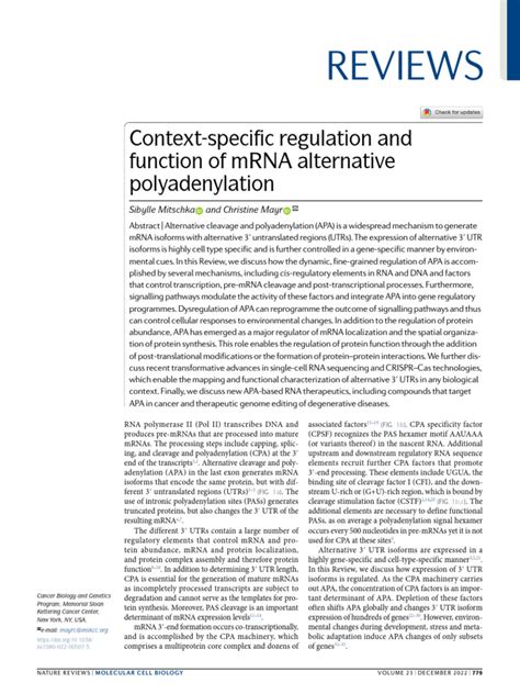 Context Specific Regulation And Function Of Mrna Alternative Polyadenylation Pdf