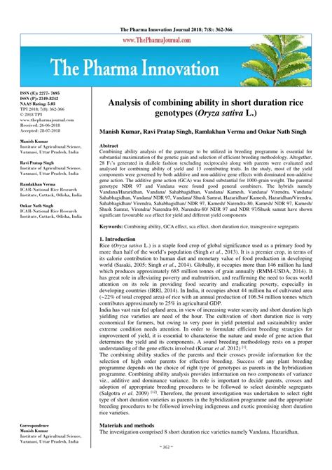 Pdf Analysis Of Combining Ability In Short Duration Rice Genotypes Oryza Sativa L