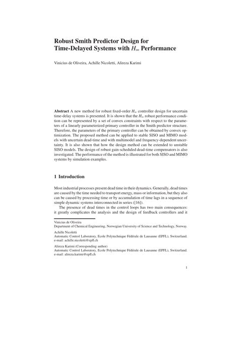 Pdf Robust Smith Predictor Design For Time Delayed Systems With H