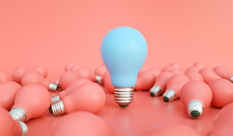 파스텔 색 구성표 분홍색 전구 중 파란색 전구 미니멀리스트 3d 렌더링 부드러운 질감 부드러운 조명 독창성 개념 연어 분홍색 배경 은색 베이스 깨끗한 미학 창의적인 사고