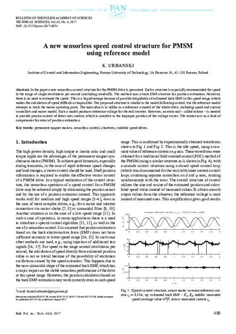 Pdf A New Sensorless Speed Control Structure For Pmsm Using Reference Model
