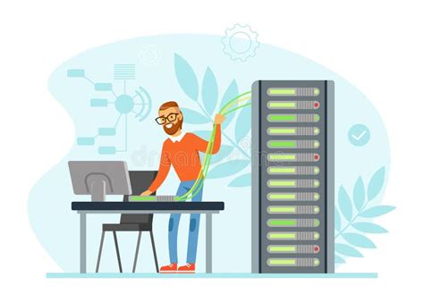 Bearded Man Sysadmin Working With Server Rack Cabinet And Computer Vector Illustration Stock
