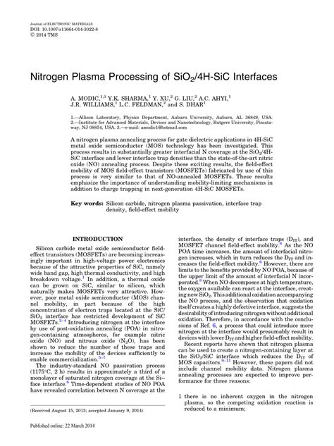 Pdf Nitrogen Plasma Processing Of Sio2 4h Sic Interfaces