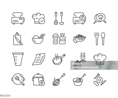 요리 라인 아이콘 끓는 시간 프라이팬 및 주방 용품 포크 숟가락 칼 줄 아이콘 레시피 책 요리사 모자 및 도마 요리 책 프라이타임 핫 팬 사랑에 대한 스톡 벡터 아트 및