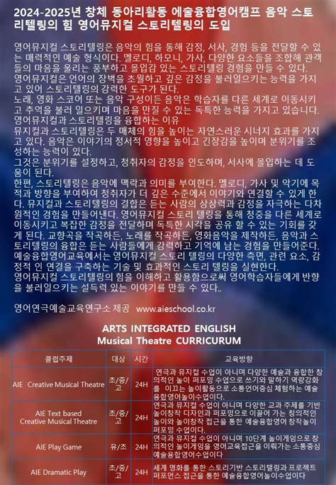 2024 2025년 초등학교 중고등학교 작은학교 살리기 창체 동아리활동 예술융합영어캠프 음악 스토리텔링의 힘 영어뮤지컬 스토리텔링을 도입하라