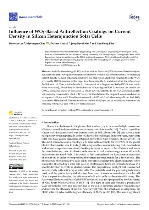 Pdf Influence Of Wo3 Based Antireflection Coatings On Current Density In Silicon