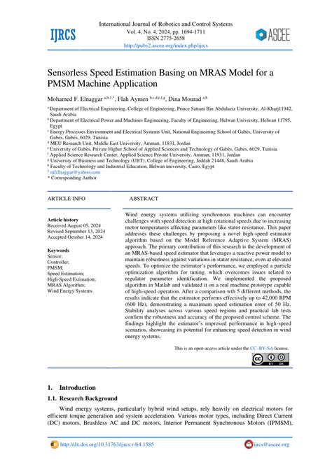 Pdf Sensorless Speed Estimation Basing On Mras Model For A Pmsm Machine Application