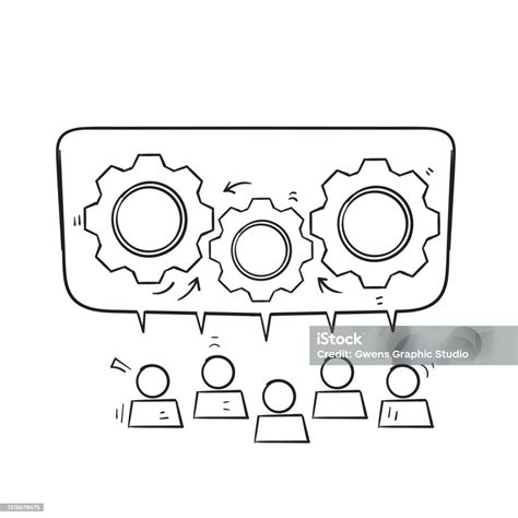 팀워크 아이콘 일러스트 벡터 절연을 위한 손으로 그린 낙서 기어및 사람 기호 조직에 대한 스톡 벡터 아트 및 기타 이미지