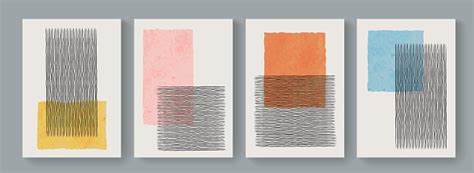 기하학적 미니멀 한 미드 센추리 모던 포스터의 트렌디 한 세트 추상 보헤미안 스타일 배경 귀여운 화려한 현대 미술 최소한의 플래카드 단일 이미지에 대한 스톡 벡터 아트 및