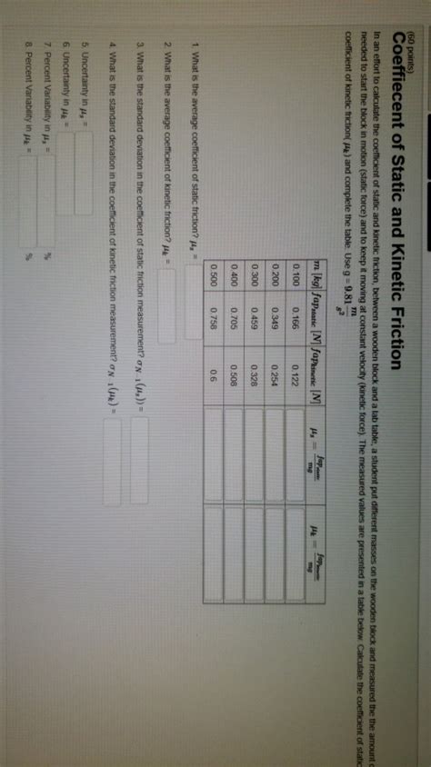 Solved 60 Points Coeffiecent Of Static And Kinetic Chegg Com