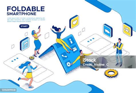 유연한 스마트 폰 미래 가젯 만화 캐릭터 파란색과 노란색 구성 3d 벡터 일러스트레이션을 사용하는 사람들과 접이식 전화 아이소메트릭 개념 3차원 형태에 대한 스톡 벡터 아트