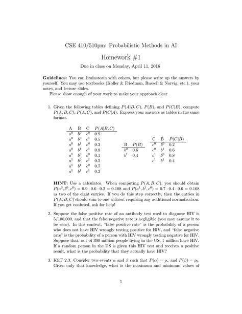Hw1 Homework Assignment 1 CSE Probabilistic Methods In AI Homework