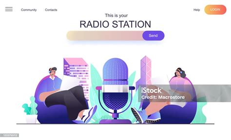 랜딩 페이지에 대한 라디오 방송국 웹 개념입니다 라디오 프로그램의 발표자는 마이크 남자와 여자 Dj 방송 배너 템플릿에 말한다 플랫 만화 디자인의 웹 페이지에 대한 벡터