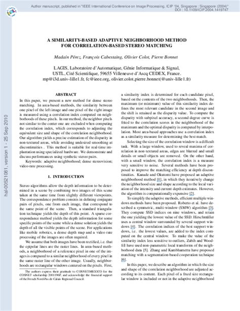 pdf a similarity based adaptive neighborhood method for correlation based stereo matching