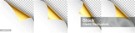 황금 종이 곱슬 머리 의 세트 그림자가 있는 말린 페이지 코너 용지 한 장 다채로운 빛나는 호일 광고 및 홍보를 위한 디자인 요소 벡터 일러스트레이션 가장자리에 대한 스톡