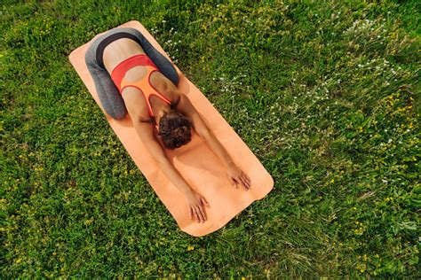 푸른 잔디에 누워 밝은 매트에 기지개 하는 요가 연습 하는 여자 건강한 생활방식에 대한 스톡 사진 및 기타 이미지 건강한 생활방식 관다발 식물 균형 Istock