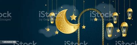 초승달 별 모스크 랜턴이슬람 라마단 카림 배너 배경 벡터 그림입니다 라마단 랜턴 다크 블루 골드 컬러풀와이드 배너 디자인 배경 0명에 대한 스톡 벡터 아트 및 기타 이미지