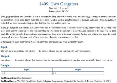 Coding Exercise Timus Online Judge 1409 Two Gangsters Cc