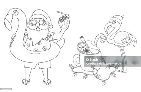 색칠하기 페이지 플라밍고 풍선 반지와 흰색 배경에 고립 칵테일귀여운 플라밍고 산타 클로스 벡터 그림입니다 검은색에 대한 스톡 벡터 아트 및 기타 이미지 Istock
