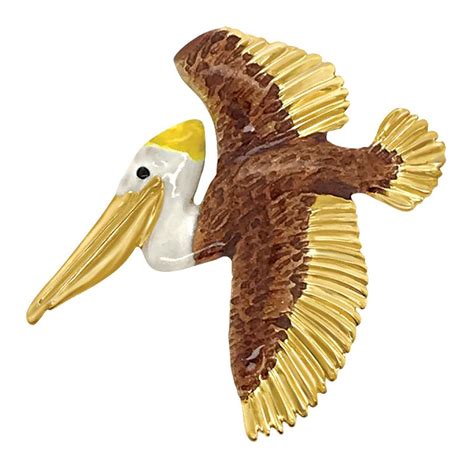 14k Yellow Gold Small Foldover Pelican Brown And White Enamel Pendant