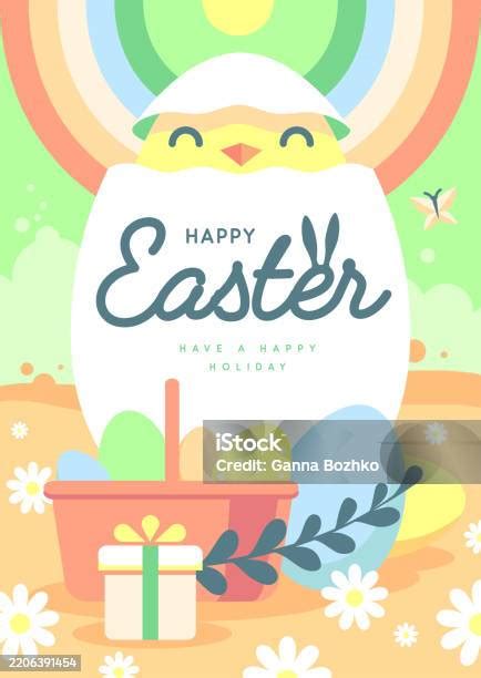 열린 부활절 달걀과 닭 버드나무 가지 무지개 꽃이 있는 휴일 플랫 부활절 포스터 벡터 일러스트 레이 션 3월에 대한 스톡 벡터